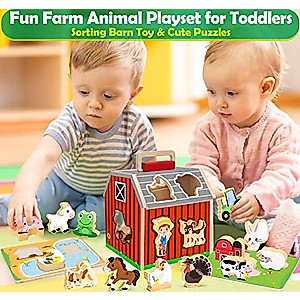 Wooden Farm Animals Toys for 1 2 3 Year Old Girl Boy, Take-Along Sorting Barn Toy with Baby Chunky Puzzles, Montessori Learning Toys for Fine Motor Games, Christmas Birthday Gifts for Toddlers 1-3