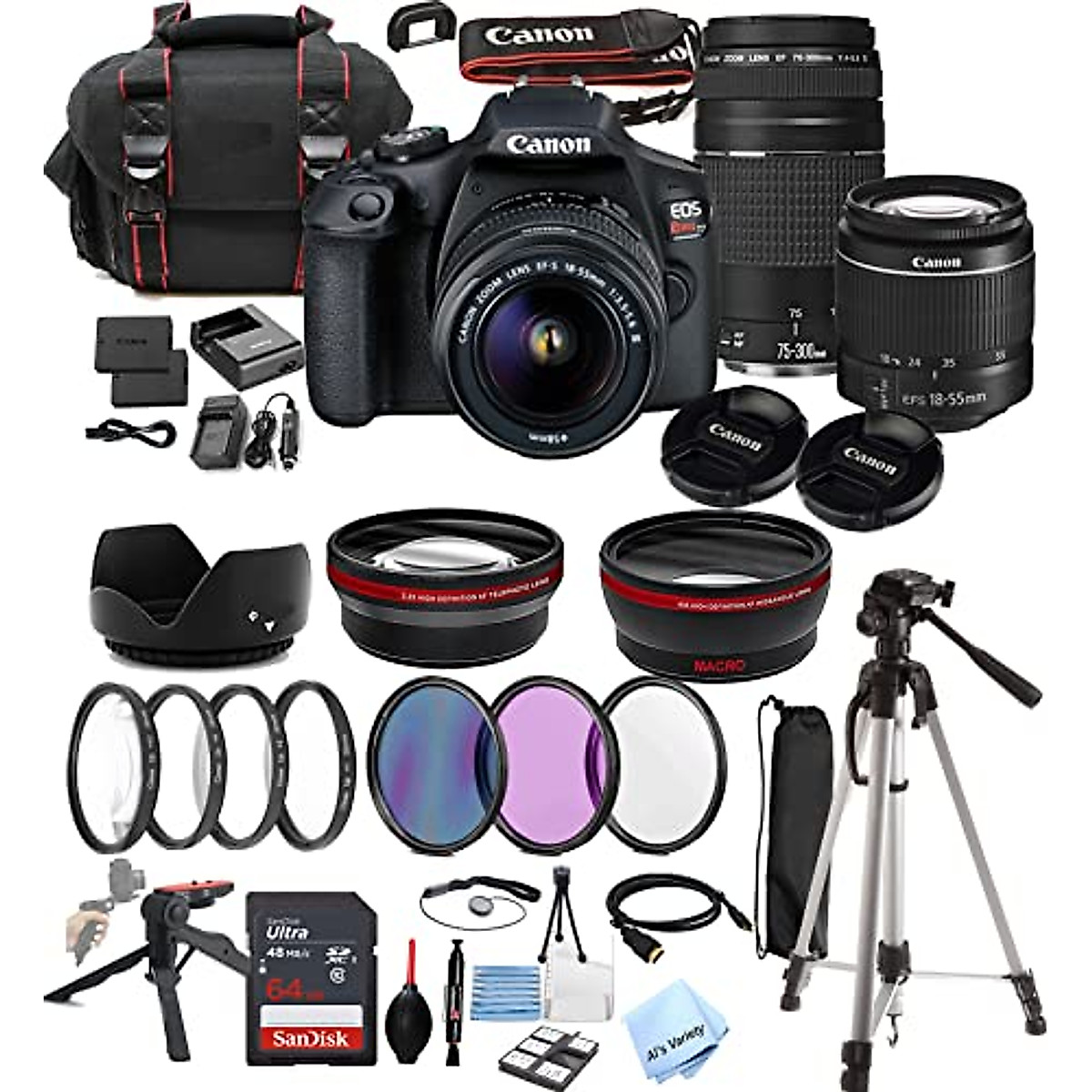 T7 DSLR Camera w/EF-S 18-55mm + 75-300mm Zoom Lenses + Al’s Variety Accessories Includes: 64GB Memory + Wide & Telephoto Threaded Lenses + Case + Tripod +Grip Pod + More (39pc Bundle)