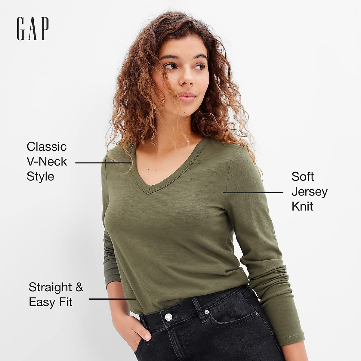 GAP Womens Foreversoft Long Sleeve V-Neck T-Shirt T Shirt, Army Jacket Green, Medium US