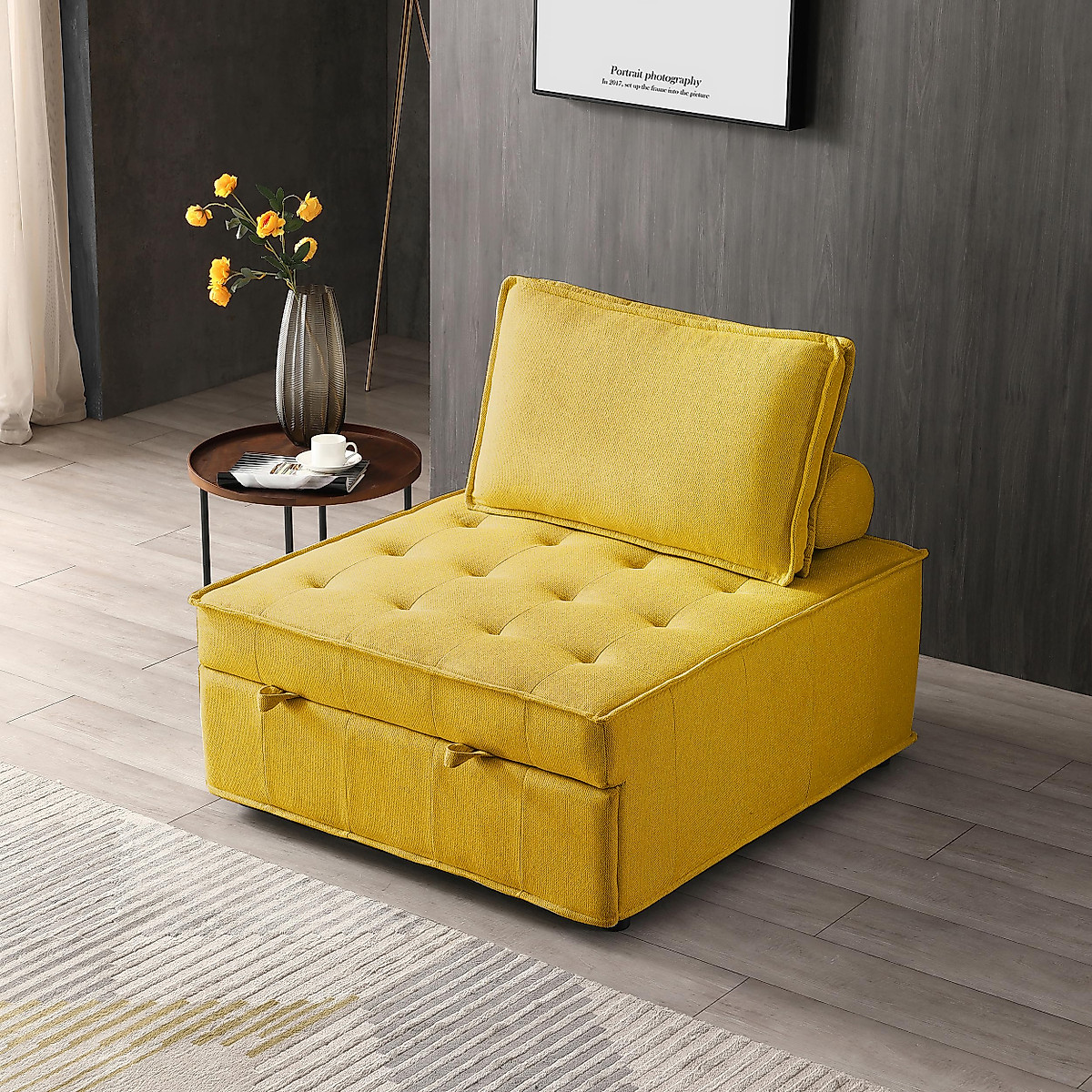 LIADTOP Pull Out Sofa, Small Tufted Velvet Convertible Couch, Easy to Assembly Faux Leather Single Bed with Removeable Backrest for Living Room Apartment (Yellow+Fabric)
