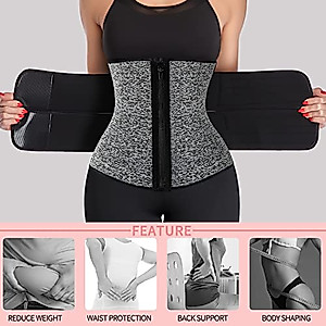KIWI RATA Neoprene Sauna Waist Trainer Corset Sweat Belt with 2 Straps for Women Sweat Band Compression Cincher Workout Fitness Trimmer,#1 Zipper Grey,X-Large