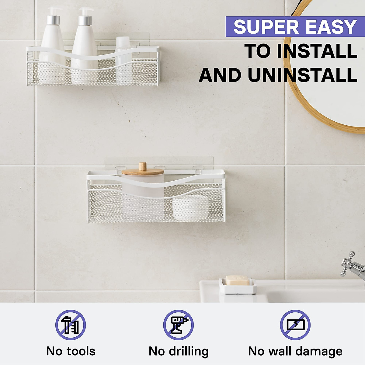 KINCMAX Mesh Shower Caddy (2-Pack), Rustproof Stainless Steel, Adhesive Wall Mount Baskets with Hooks, Mesh Design (Matta White)