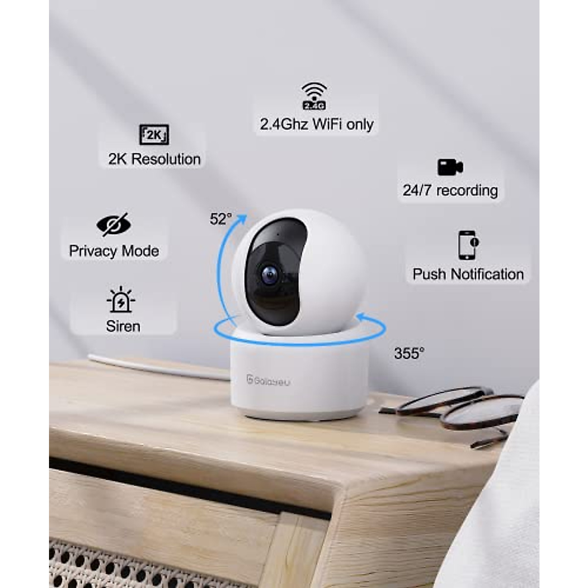 GALAYOU Indoor Security Camera 2K, Pet Camera, 360 Degree WiFi Home Security Camera for Baby/Dog/Elder/Nanny with Night Vision, Siren, 24/7 SD Card Storage, Works with Alexa and Google Assistant