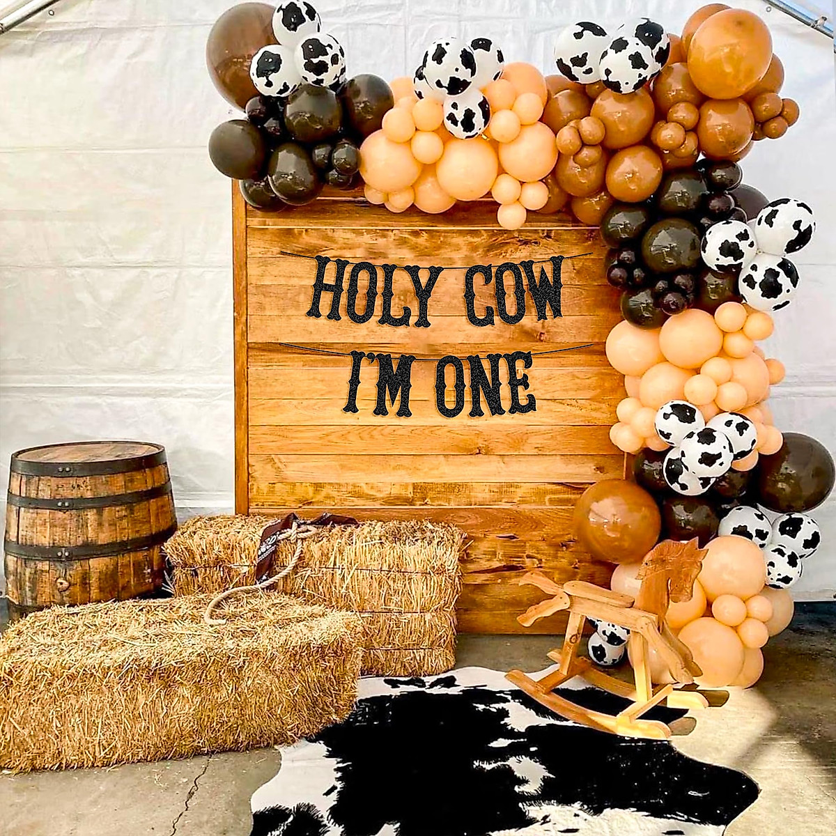 Holy Cow I'm One Banner Farm Themed 1st Birthday Party Decoration for Western Cowboy and Cowgirl First Rodeo Birthday Decorations