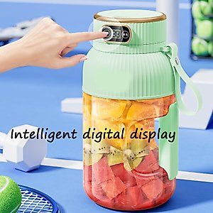 Multifunctional Portable Juicer Cup with Digital Display， Fruit Mixers Juicers Electric Juicer, Wireless Portable Blender Rechargeable for Shakes and Smoothies (Single bottle with two caps, Green)