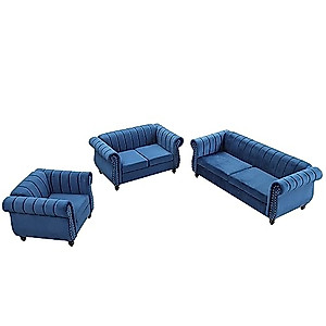 3-Piece Sofa Sets Living Room Sets with Solid Wood legs, Buttoned Tufted Backrest, Frosted Velvet Upholstered Couches Sets Including 3-Seat Sofa, Loveseat and Chair for Living Room (Blue)