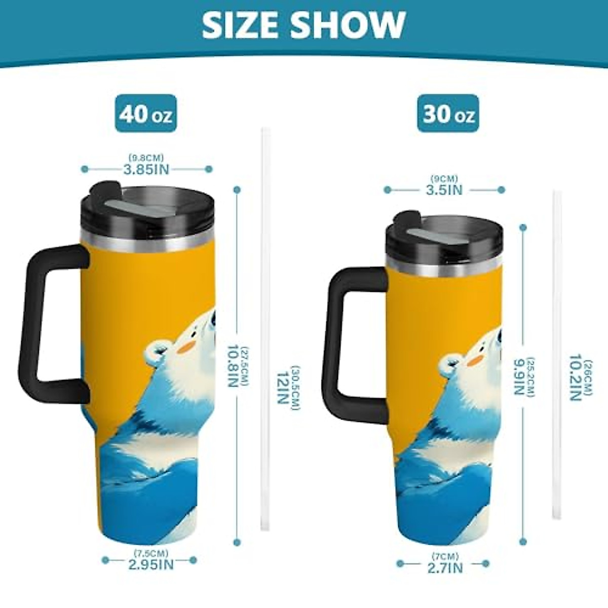 linqin Excited Blue Polar Bear Vacuum Insulated Tumbler with Lid and Straw 30 oz Water Bottle with Strap Reusable Stainless Steel Coffee Mug for Water, Iced Tea or Coffee