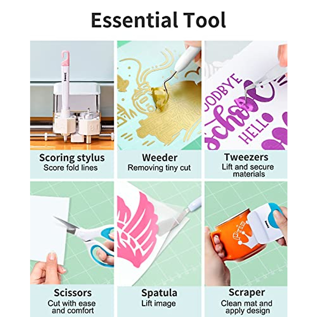 Sooez Weeding Tools for Vinyl, 6PCS Basic Tools Set for Cricut, Precision Craft Vinyl Tool Kit, Weeder/Scraper/Spatula/Scoring Stylus/Tweezers/Scissors for Vinyl, Paper & Iron-on Projects, Colored