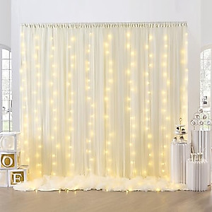 5ft x 10ft Dual Layer Ivory Tulle Backdrop Curtain Panels with Light, 1 Panel 5 x 10 ft Photo Background Drapes for Wedding Baby Shower Party Engagement Bridal Shower Photography