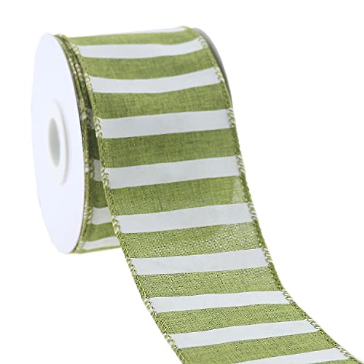 DINDOSAL Sage Green Wired Ribbon 2.5" Horizontal White Stripe Wired Edge Burlap Ribbon Farmhouse Wire Ribbon for Wreaths Crafts Supplies Gift Wrapping Bows Making Spring Decorations - 10 Yards