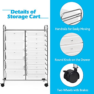 Aurcs 15-Drawer Rolling Storage Cart, Tools Scrapbook Paper Organizer w/ Removable Drawers & Universal Wheels, Multipurpose Lightweight Cart for Supermarket, School, Office, Home (Clear)