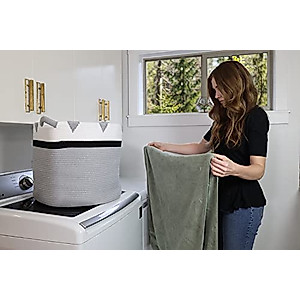 The Modish Store 18" X 18" X 15" Extra Large Premium Cotton Rope Basket Gray White Woven Basket for Blankets Toys Storage Basket with Handles Great for Comforter Cushions Storage Bins