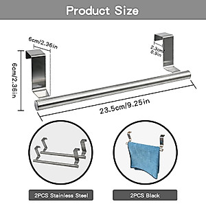 Over Cabinet Towel Bar, Cabinet Door Towel Holder, Silver Over The Door Towel Rack, Dish Towel Holder for Kitchen Cabinet, Kitchen Towel Hanger, 2 Pack, 9 inch (Stainless Steel)