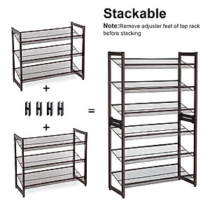 SONGMICS 6-Tier Shoe Rack Storage, Metal Shoe Organizer Stand for Garage, Entryway, Set of 2 3-Tier Stackable Shoe Rack Shelf, with Adjustable Flat or Angled Shelves, Holds 18-24 Pairs, Bronze