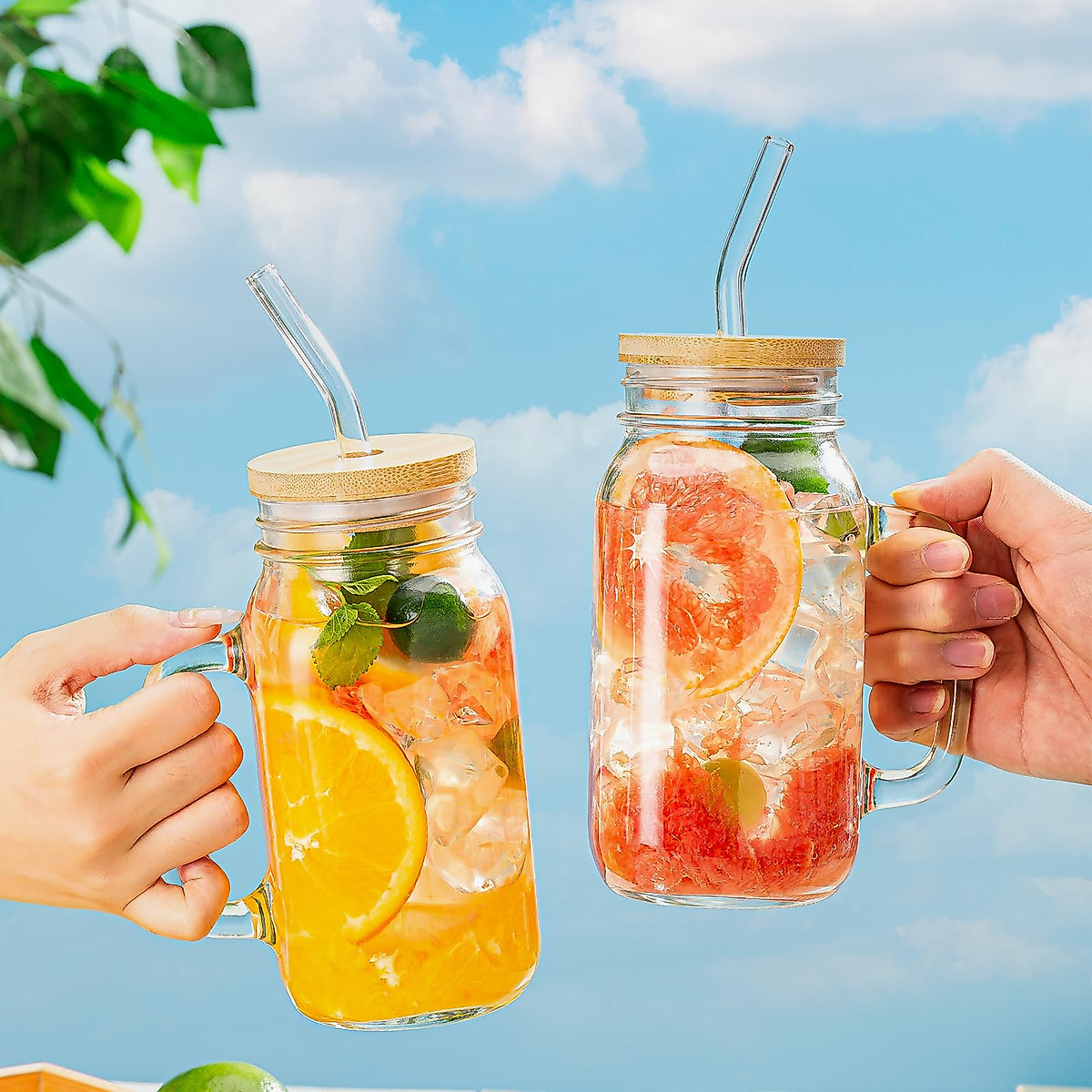 wookgreat Mason Jars with Handle, 6 Pack 24oz Mason Jar Drinking glasses with lid and straw, Mason Jar Cups, Regular Mouth Mason Jar mugs for Iced Coffee, Smoothie, Airtight Lids for Food Storage