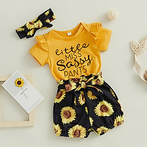 BeQeuewll Newborn Baby Girl Summer Outfits Letter Short Sleeve Bodysuit Romper Tops Floral Shorts Pants 3 piece Clothes (A Orange, 3-6 Months)