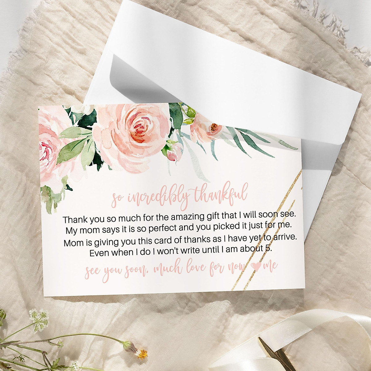 Paper Clever Party Graceful Floral Baby Shower Thank You Cards with Envelopes - 25 Pack - 4x6 Blank Notes with Prefilled Message from Baby Girl - Blush and Greenery Design