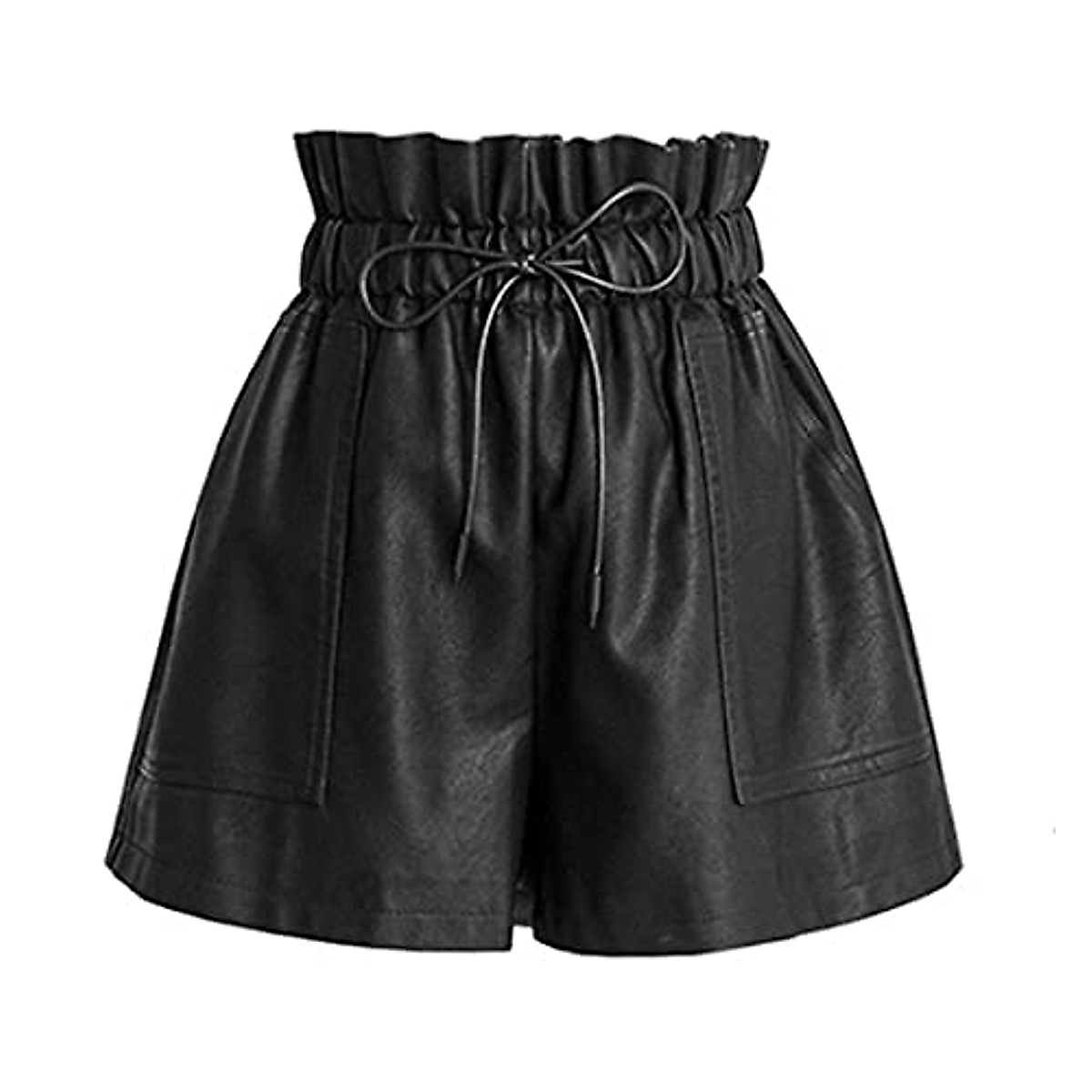 SCHHJZPJ High Waisted Wide Leg Black Faux Leather Shorts for Women (Black, L)