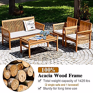 Tangkula 4 Piece Outdoor Acacia Wood Sofa Set with Water Resistant Cushions, Padded Patio Conversation Table Chair Set w/Coffee Table for Garden, Backyard, Poolside (1)