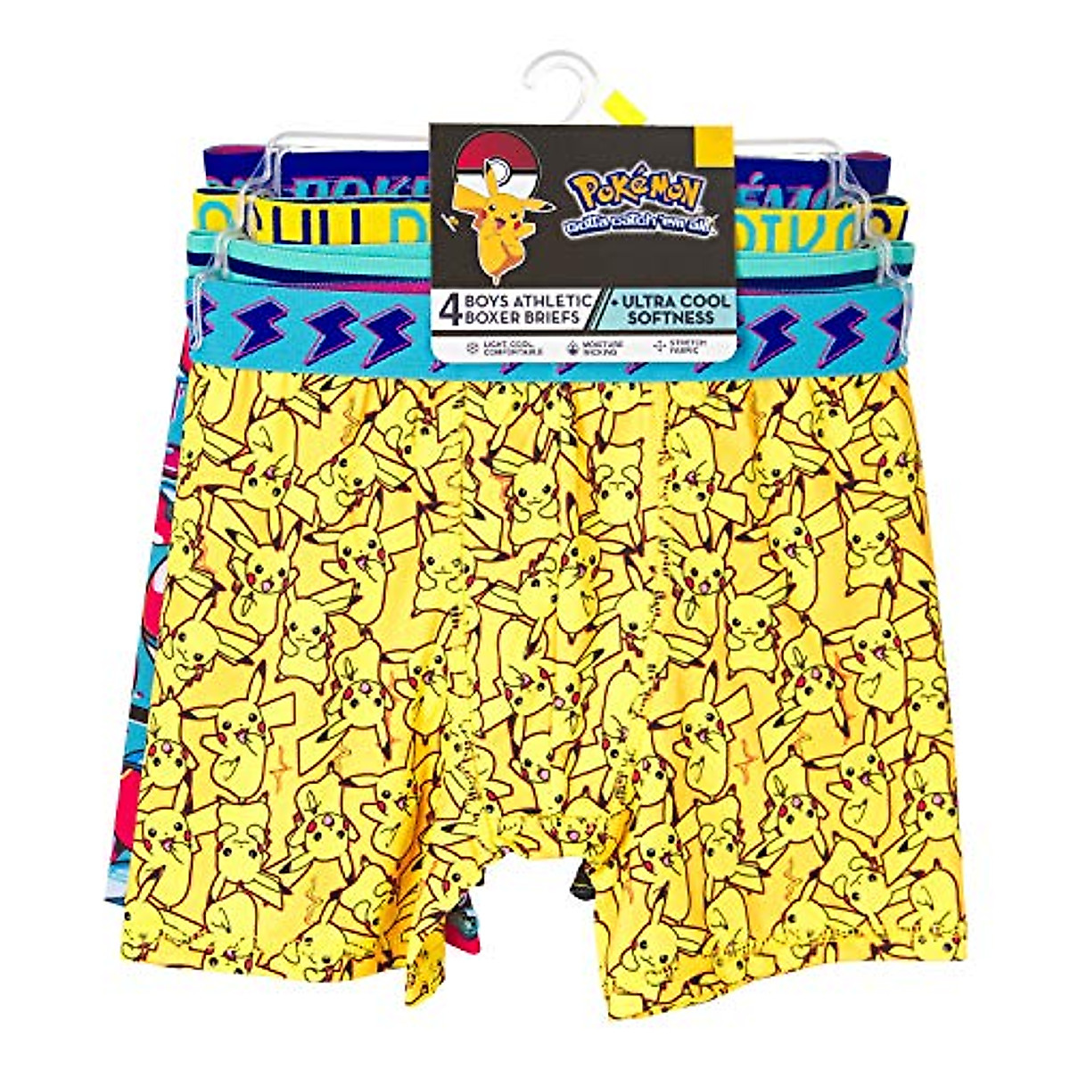Pokemon Boys' Big 4PK or 7PK Athletic 5PK 100% Cotton Boxer Briefs in Size 4, 6, 8, 10 and 12, Blue,Yellow,Red with Blue and Multicolor