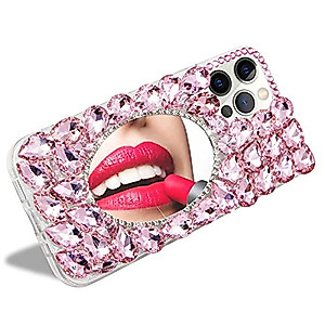 Crystal Mirror Case for iPhone 13 Pro,Luxury Sparkle Bling 3D Diamond Rhinestone Phone Case Women Girls Makeup MOIKY Clear Slim Shockproof TPU Bumper Protective Cover for iPhone 13 Pro(Pink)