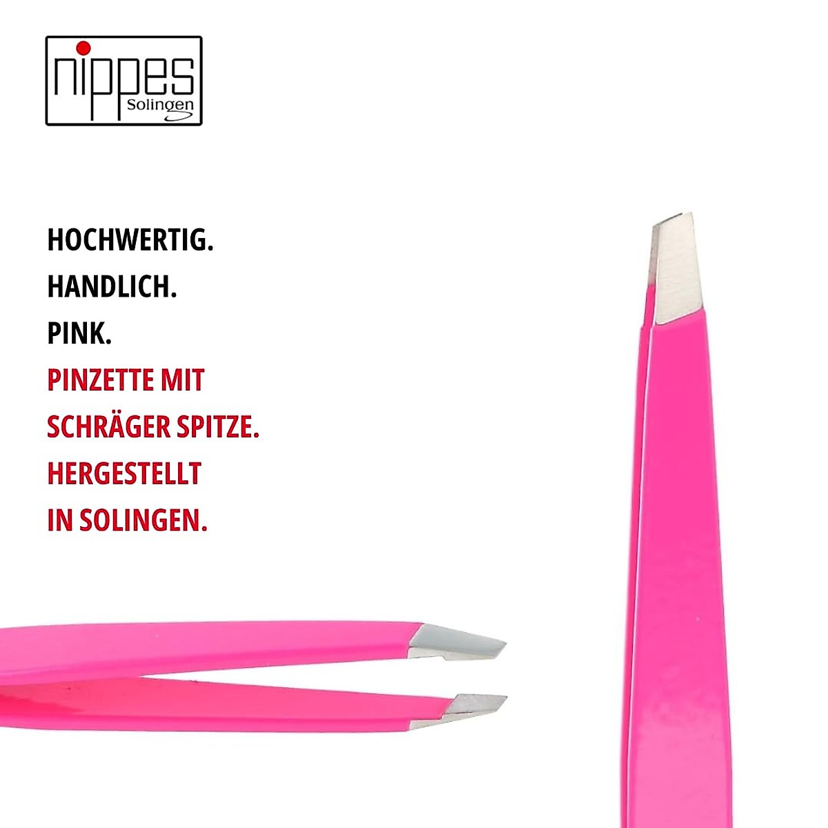 Nippes Stainless Steel Slant Pink Tweezers - Precision Pointed Slant - Quality Handmade in Solingen Germany - Professional Grade - Ergonomic Hand Grip - for Eyebrows, Eyelashes, Extensions [9.5 CM]