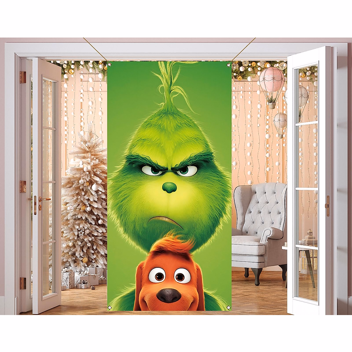 Nepnuser Grinchmas Door Cover Christmas Green Elf Decoration Winter Holiday Party Backdrop Door Hanging Banner