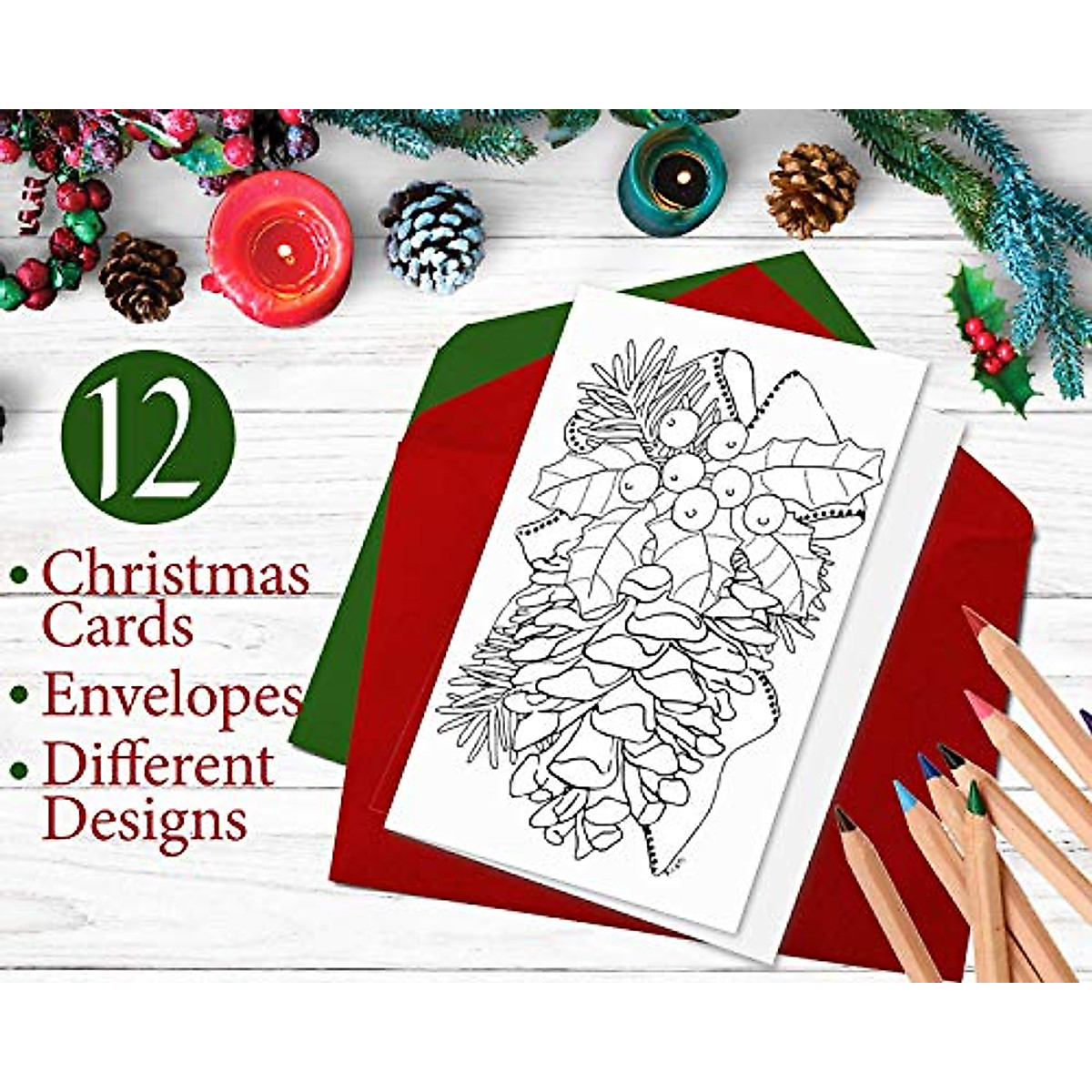 Art Eclect Christmas Coloring Cards for Adults, 12 Cards with 12 Unique Designs, 6 Red and 6 Green Envelopes Included (Christmas B1)