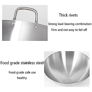 GXDHOME Thickened Food Grade Non-Magnetic 201 Double-Ear Stainless Steel Wok with High Lid 43/47cm Chinese Style Round Bottom Smokeless Pot for Gas Stove(Bright Silver)