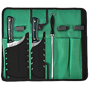 FULLHI 9 PCS Butcher Knife Set with Knife Bag and Sheath - Hand Forged Green handle Chef Knife High Carbon Steel Cleaver Knife Set for Kitchen Camping BBQ