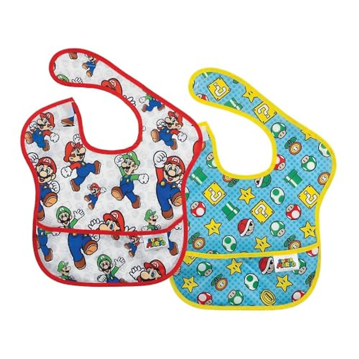 Bumkins Nintendo Bibs for Girl or Boy, SuperBib Baby and Toddler for 6-24 Months, Essential Must Have for Eating, Feeding, Baby Led Weaning, Mess Saving Waterproof Soft Fabric, 2-pk Super Mario