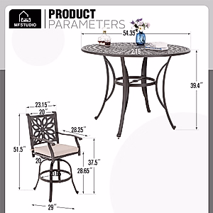 MFSTUDIO Cast Aluminum Bar Height Patio Dining Set of 7, Aluminum 54" Round Bar Height Table with Umbrella Hole and 6 Pieces Bar Height Swivel Stool, Brown