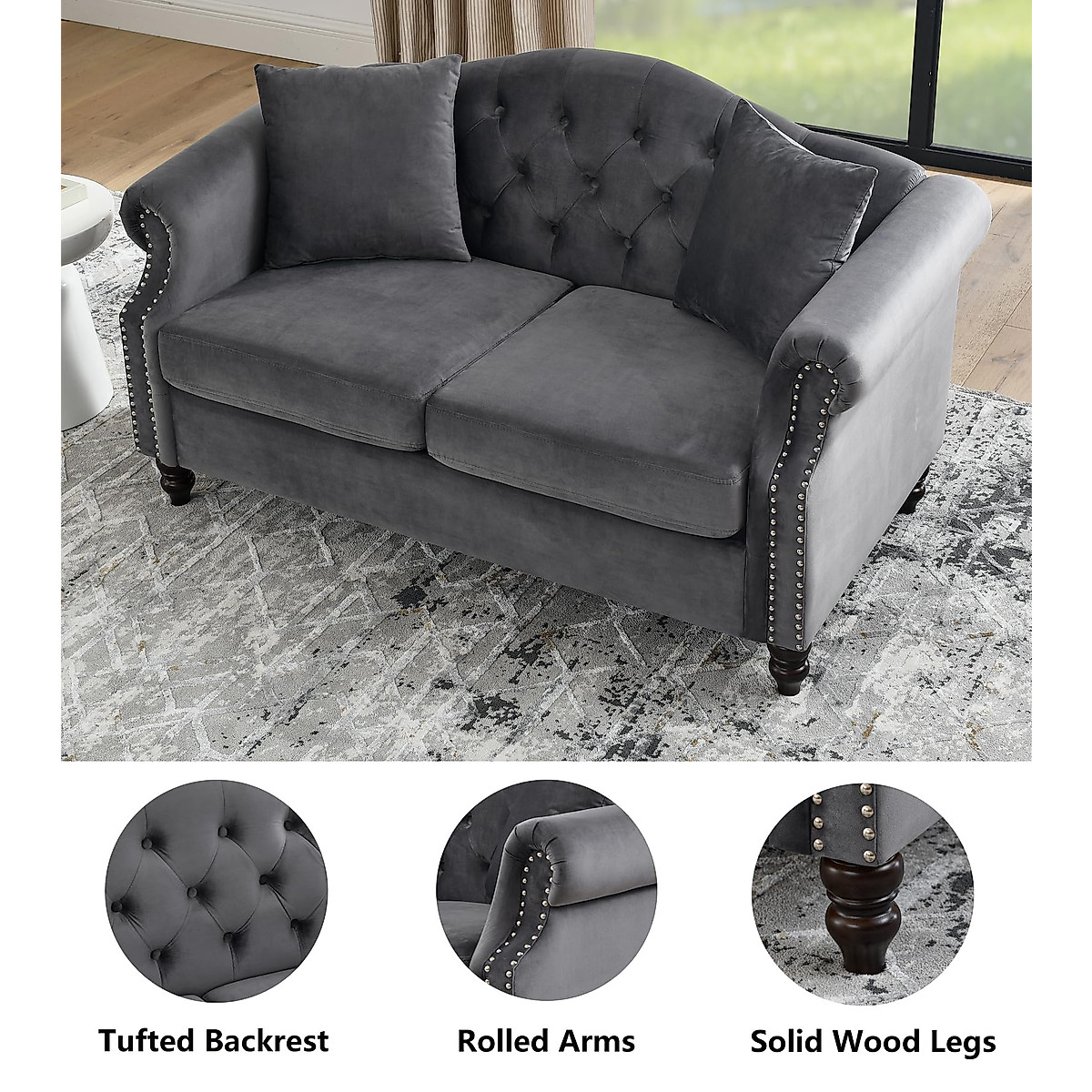 Ucloveria Chesterfield Sofa, 57" Velvet Upholstered Loveseat 2 Seater Sofa Couch with 2 Pillows, Solid Wood Legs, Tufted Futon Sofa with Rolled Arms and Nailhead for Living Room, Office, Apartment