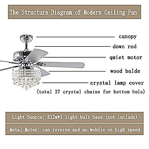 Tropwellhouse LuxureFan 52" Crystal LED Chrome Ceiling Fan Light Fixture Gorgeous Crystal 5 Reverse Wood Blades Modern Chandelier with Remote Control Decoration Home/Living Room