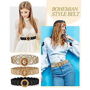 Hercicy 3 Pcs Rattan Straw Woven Belt Bohemian Waist Rope Braid Belts for Women, Trendy Boho Ladies Skinny Dress Belt Multicolor