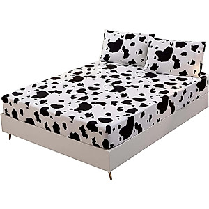 SDY 3PCS Milk Cow Print Stuff Bedding Fitted Sheet Set Queen Size, Cartoon Cow Pattern Fitted Sheet with Deep Pocket and 2 Pillowcases, Cute and Cozy, Kawaii Bed for Kids, Children, Boys, Girls, Teens