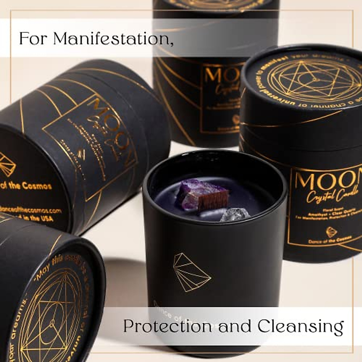 Healing Aromatherapy Crystal Candle| Amethyst and Clear Quartz| Lavender Essential Oil| Wood Wick| Black Soy Wax| Large 10.5 Oz Jar| for Manifestation, Stress Relief, and Magic| Luxury Gift Box|