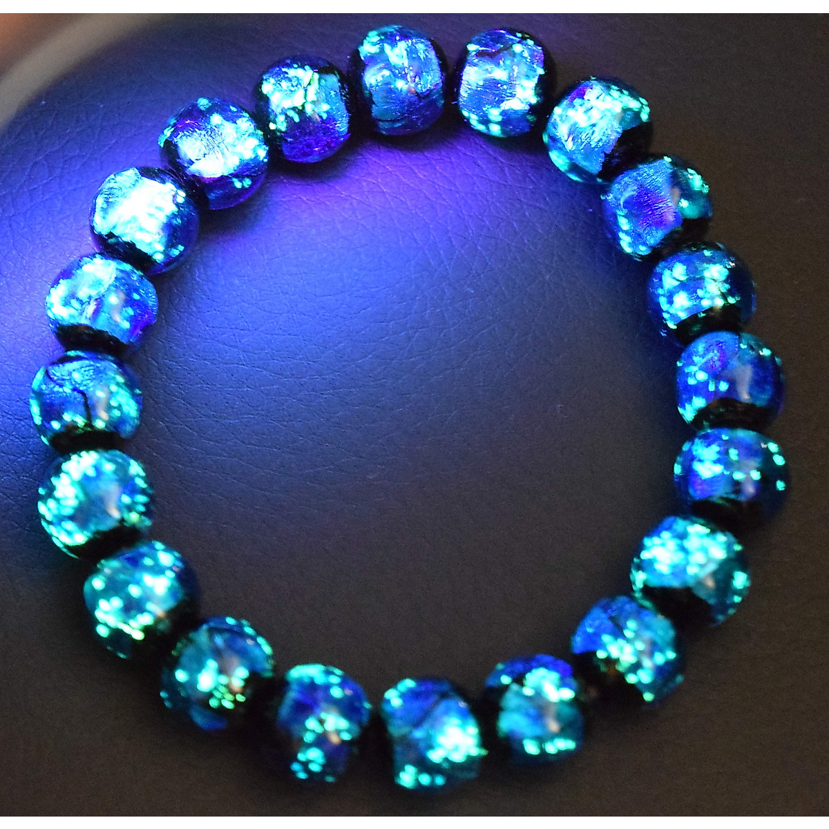 京都あさひ屋 Black Onyx & Pink Blue Ryukyu Fluorite Glass Bracelet Gemstone Elastic Stretch Bracelet Japan Juzu Buddhist Prayer beads Gifts (All blue luminescence)