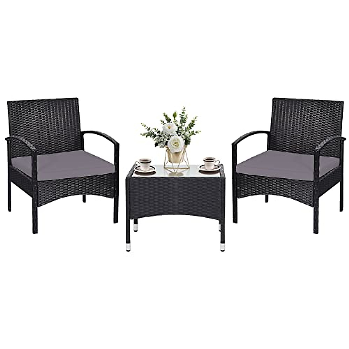 RELAX4LIFE 3-Piece Patio Furniture Set - Rattan Conversation Set, Wicker Bistro Set W/ 2 Chairs, Glass Table, Steel Frame, Outdoor Chairs Set for Backyard, Balcony, Front Porch Furniture(Gray)