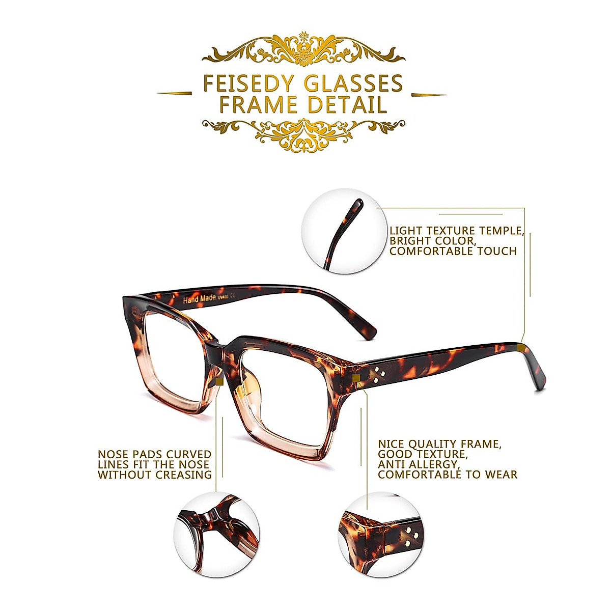FEISEDY Glasses Frame Womens, Square Thick Eyeglasses Frame, Classic Eyewear for Men B2461