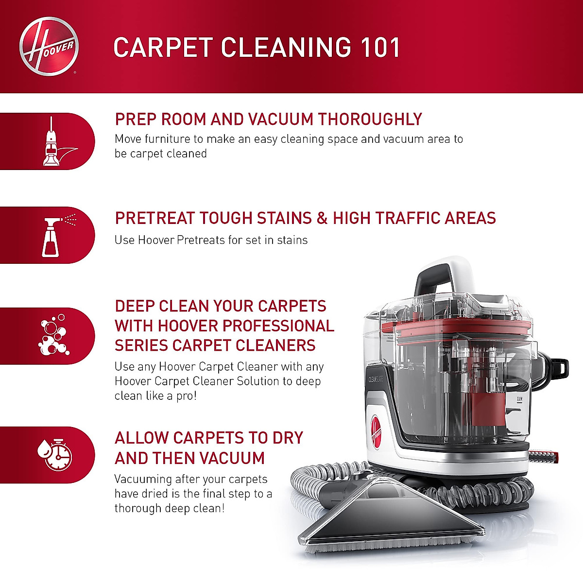 Hoover CleanSlate XL Deep Cleaning Carpet + Upholstery Spot Cleaner Machine with Specialized Tools, Permanent Stain Remover, Pair with Hoover Portable Spot Cleaner Solution