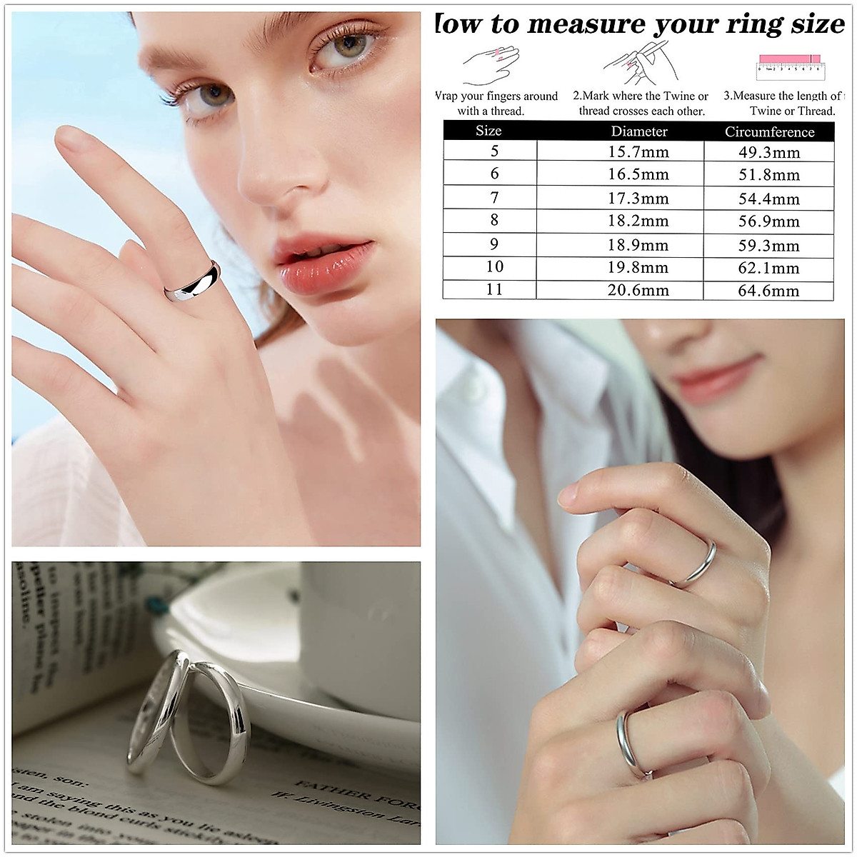 Honsny 925 Sterling Silver Rings for Women 18K White Gold Filled Plain Thumb Stackable Statement Rings High Polished Eternity Wedding Band Rings
