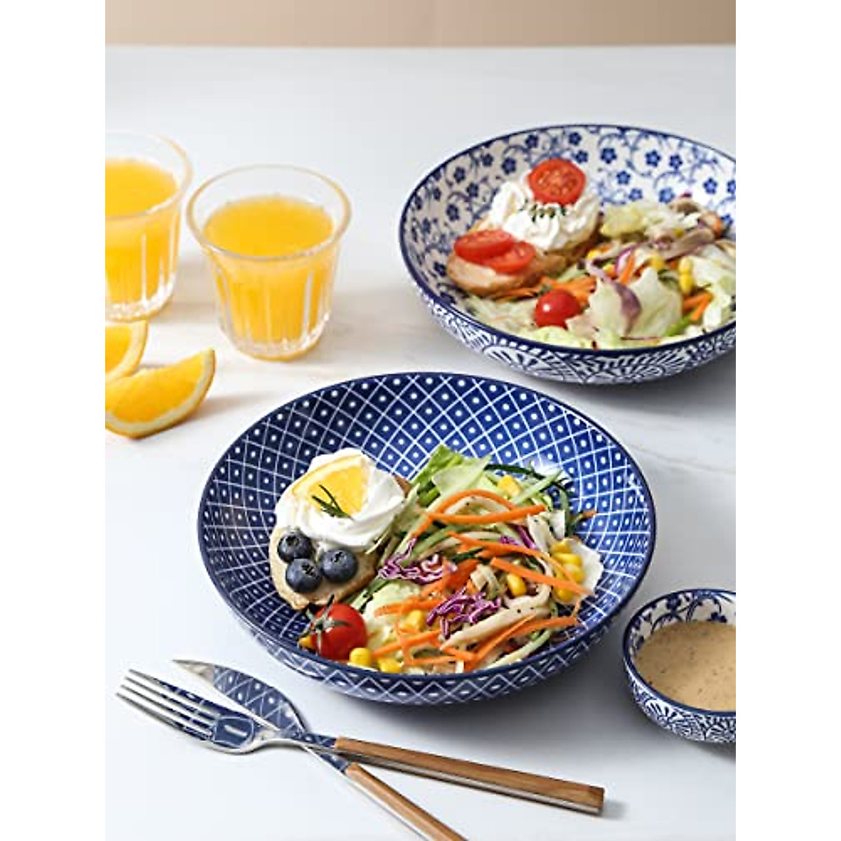 Selamica Porcelain 26 Ounce Pasta Bowls Set of 6, 8 inch Wide and Shallow Salad Bowls, Serving Bowls, Microwave & Dishwasher Safe, Sturdy & Stackable, Vintage Blue