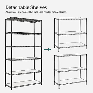 SONGMICS Garage Shelving, 6-Tier Wire Shelving Unit, Kitchen Storage Rack with Adjustable Shelves, Shelf Liners, 8 Hooks, Total Max. Load 528 lb, for Living Room, Garage, Black ULGR096B01