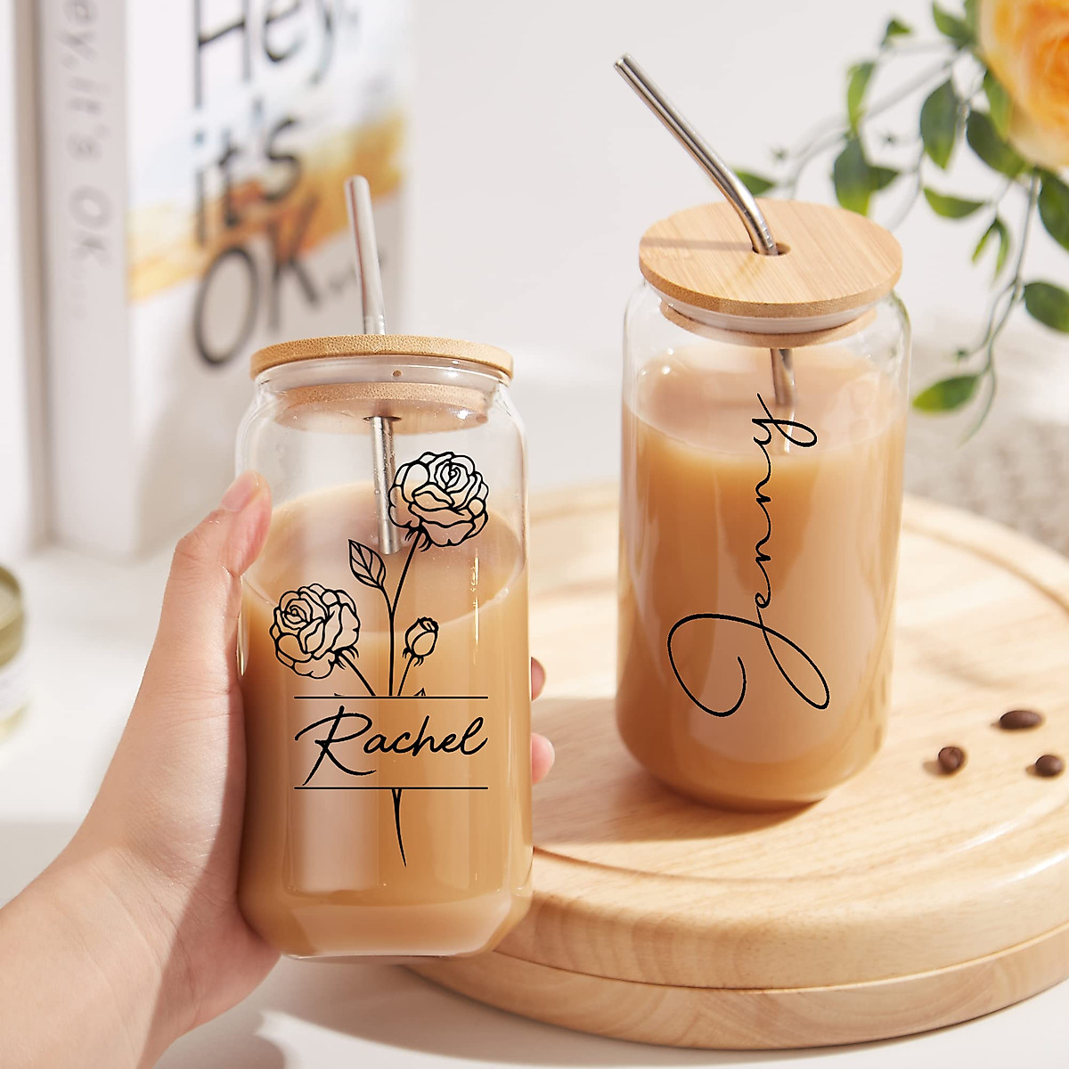 Mostop Personalized Iced Coffee Glass with Lids and Straws, Can Glass Cups, Custom Birth Flower Tumbler, Mother's Day Gift Birthday Gifts, Gifts for Her Girlfriend Bachelorette Party