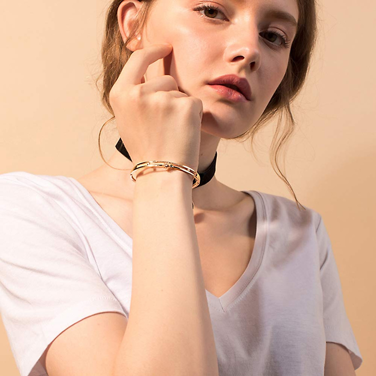 E Gold Bracelets for Women, 14K Gold Plated Bangles Bracelets with Cubic Zirconia Stones Lightweight Everyday Jewelry for Valentine's Day Wedding Birthday