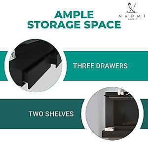 Naomi Home Bliss Modern Freestanding Wall Mounted Entertainment Center Floating TV Wall Panel for 70 inch TVs, Home Theater with LED Strip, Pull-Out Drawers and Overhead Shelf – Black, Solid Pine Wood