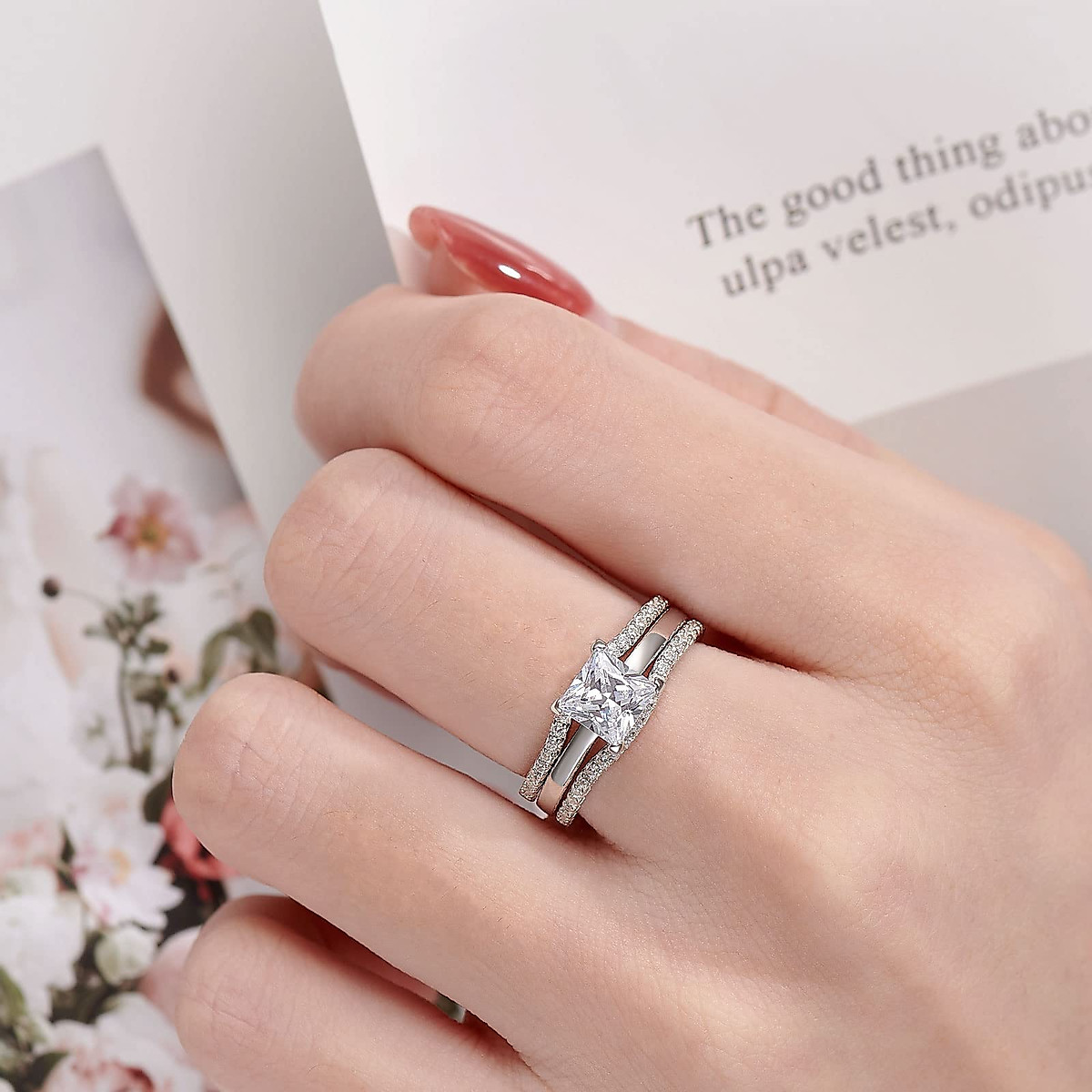 SHELOVES Solitaire Princess CZ Engagement Rings Set Wedding Band Guard Ring Enhancers Sterling Silver Sz 7