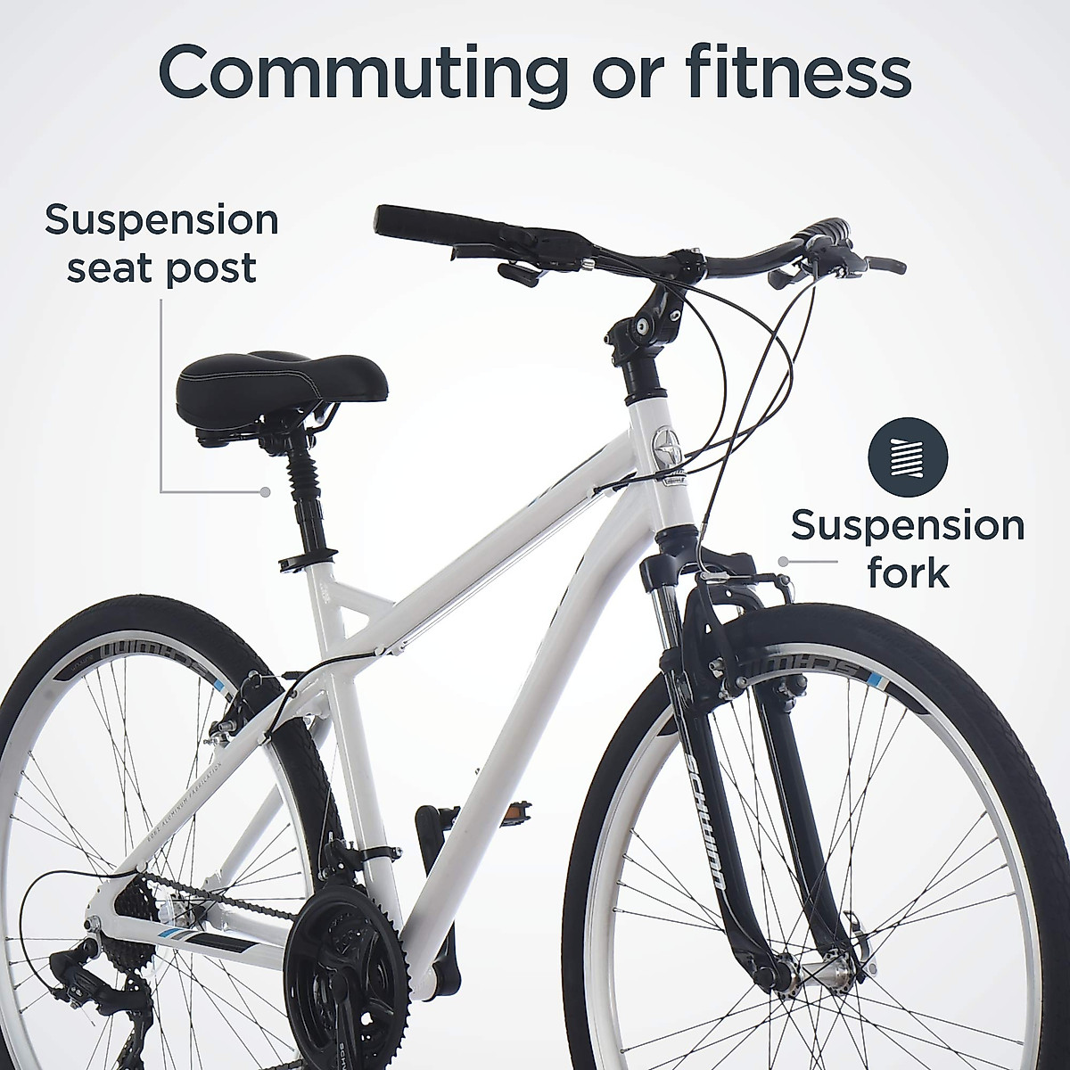 Schwinn Network 3.0 Hybrid Bike, Men and Women, 700c Wheels, 21-Speed, 18-Inch Aluminum Frame, Front Suspension, Alloy Linear Pull Brakes, White