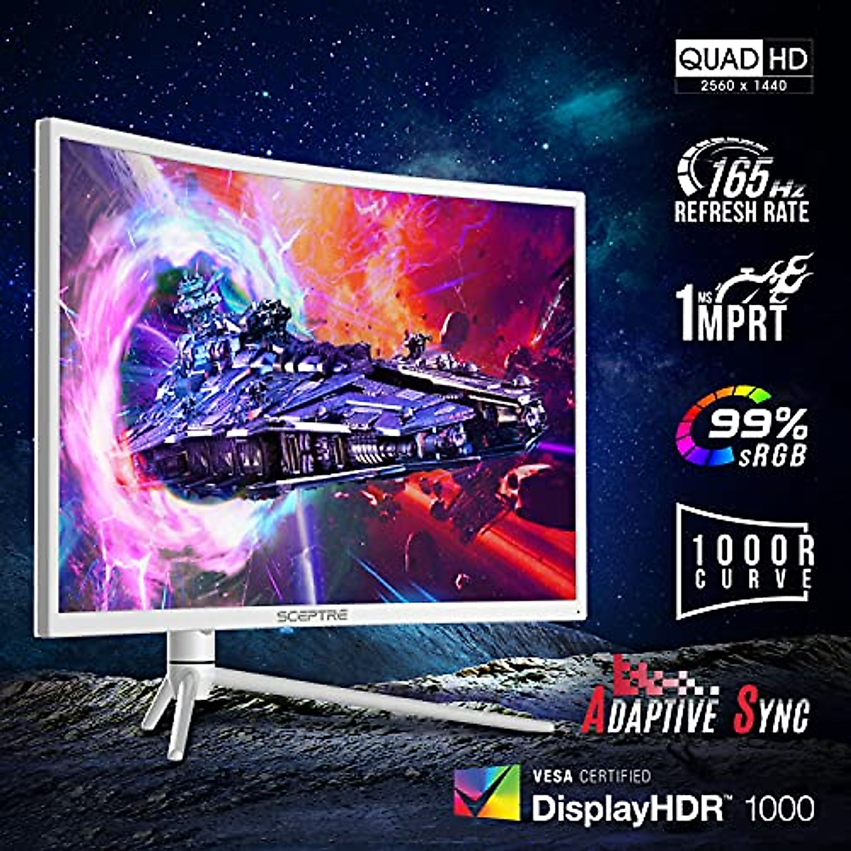 Sceptre 27" Curved Nebula White QHD 2K Monitor 2560 x 1440p up to 165Hz 1ms HDR1000 99% sRGB Ambient Light Sensor Luminous Backcover Lights Height Adjustable Build-in Speakers (C275B-QWN168W)